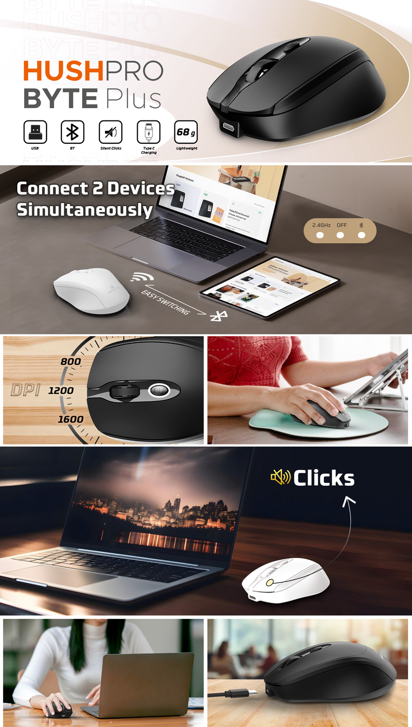 Hush Pro Byte Plus Rechargeable Bluetooth Mouse – Amkette