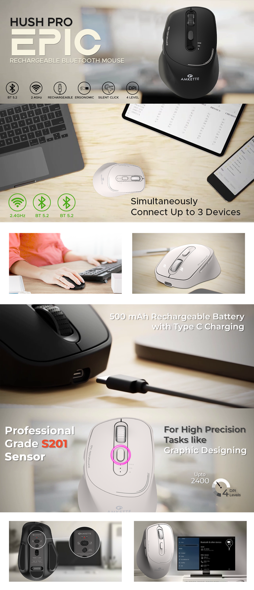 Hush Pro Epic Rechargeable Bluetooth Mouse – Amkette