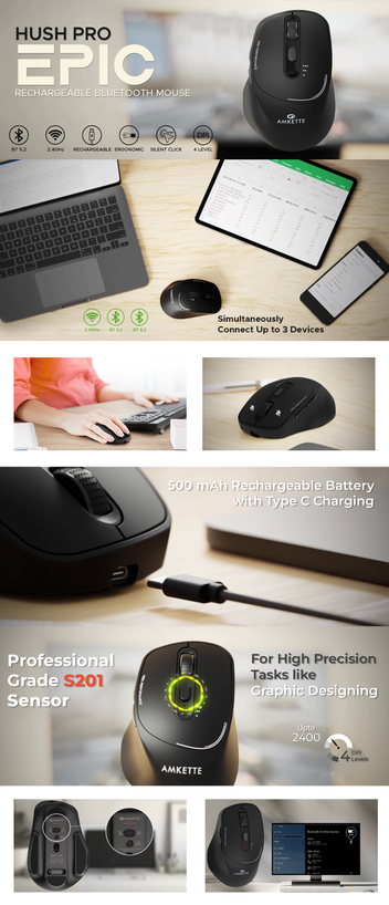 Hush Pro Epic Rechargeable Bluetooth Mouse – Amkette