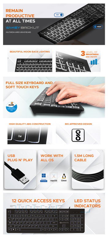 Wi-Key Backlit Wired USB Keyboard – Amkette