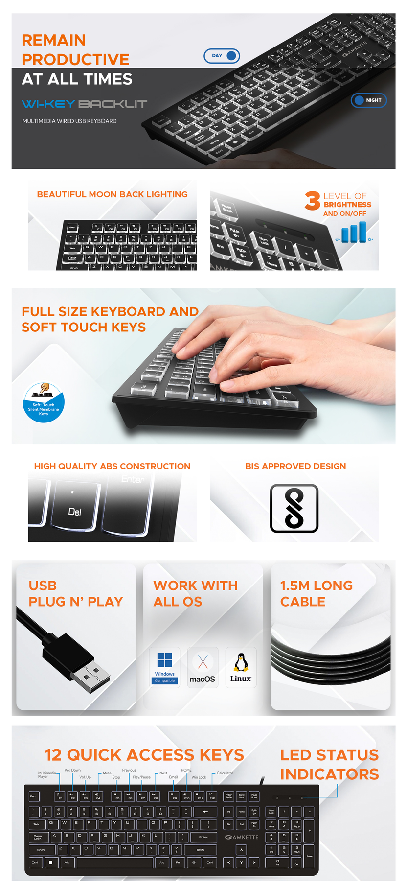 Wi-Key Backlit Wired USB Keyboard – Amkette